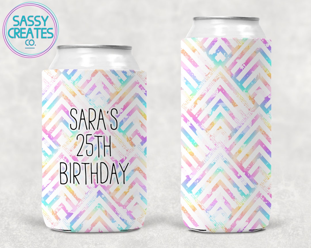 Personalized Pastel Rainbow Coolie, Geometric Chevron Drink Holder ...