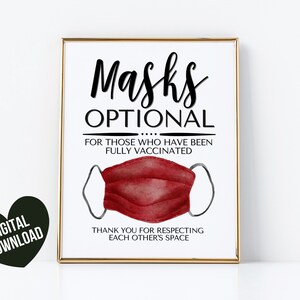 Face Mask Sign, PRINTABLE Wear a Mask Sign, Mask Optional If Vaccinated ...