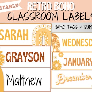 Boho Classroom Labels, Student Name Tags, Retro Boho Classroom Decor ...