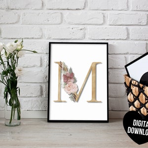 Letter Art Print, PRINTABLE Letter M Wall Art, Initial Wall Art, Floral ...