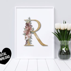 Letter R Wall Art, PRINTABLE Letter Art Print, Initial Wall Art, Floral ...