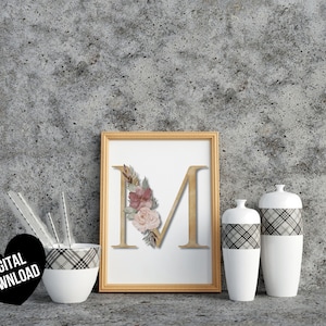 Letter Art Print, PRINTABLE Letter M Wall Art, Initial Wall Art, Floral ...