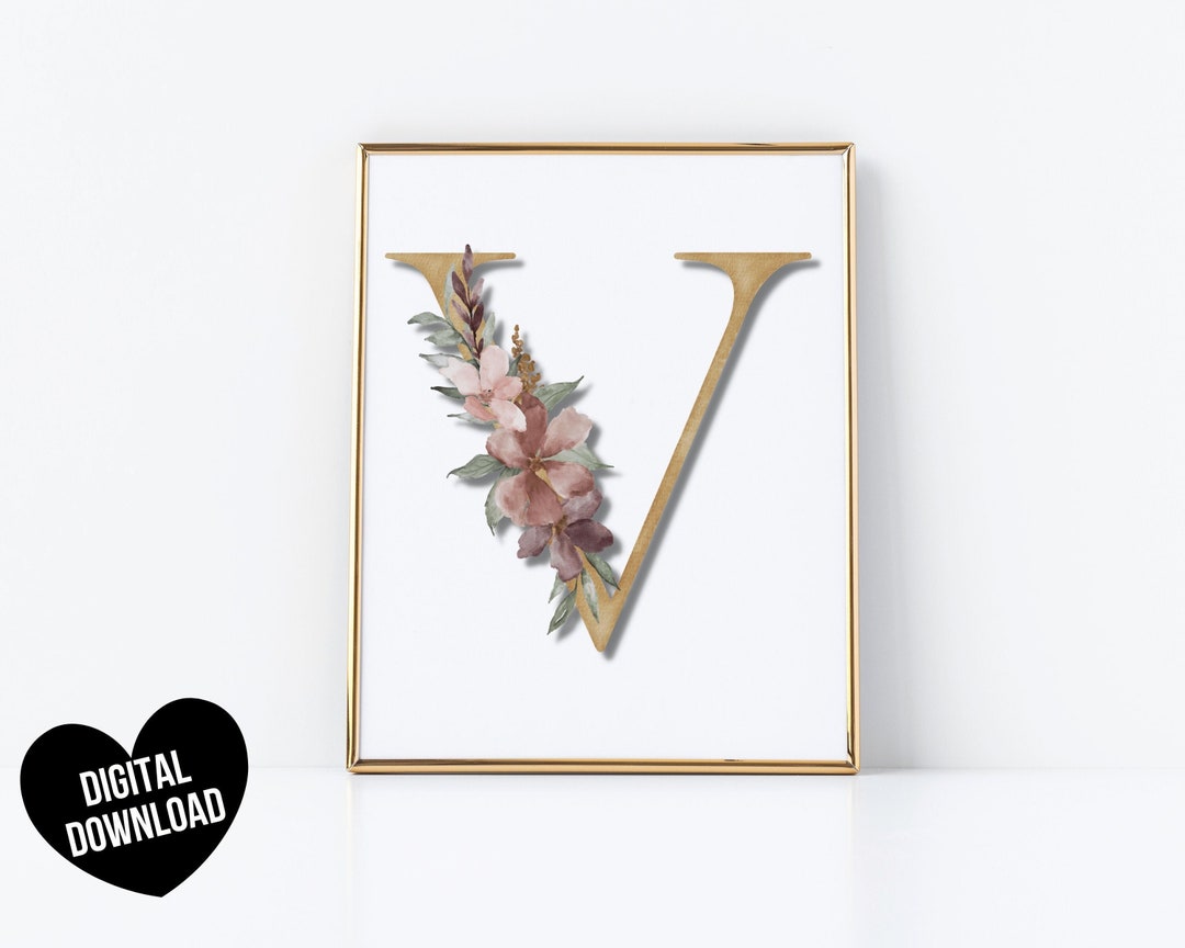Letter V Wall Art, PRINTABLE Letter Art Print, Initial Wall Art, Floral ...