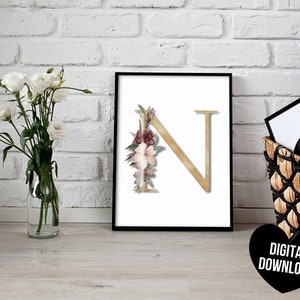 Letter Art Print, PRINTABLE Letter N Wall Art, Initial Wall Art, Floral ...