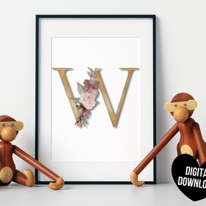 Letter W Wall Art, PRINTABLE Letter Art Print, Initial Wall Art, Floral ...