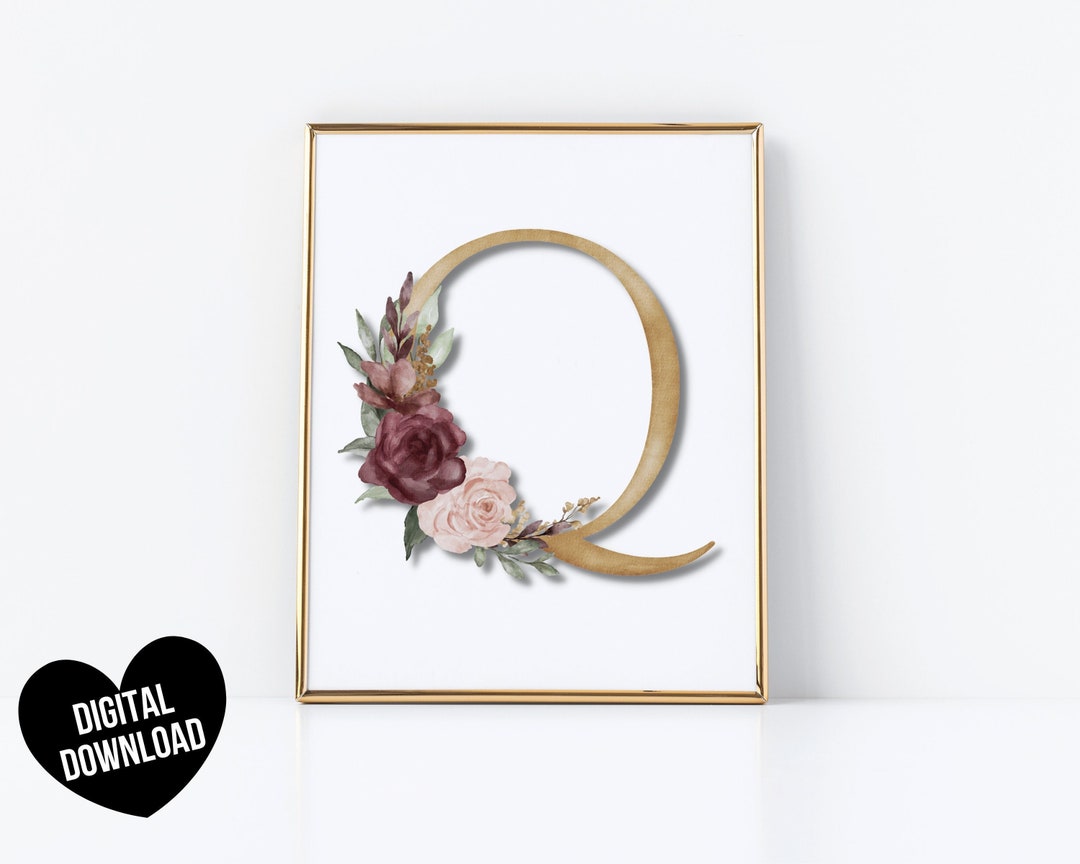 Letter Q Wall Art, PRINTABLE Letter Art Print, Initial Wall Art, Floral ...