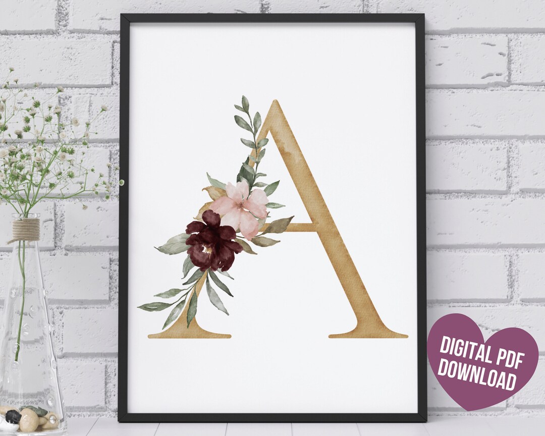 Letter Art Print, Printable Letter A Poster, Flower Wall Decor, Floral ...