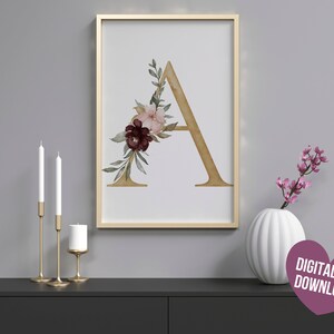 Letter Art Print, Printable Letter A Poster, Flower Wall Decor, Floral ...
