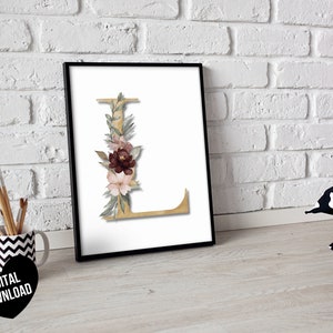 Letter Art Print, PRINTABLE Letter L Wall Art, Initial Wall Art, Floral ...