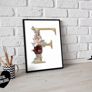 Letter Art Print, PRINTABLE Letter F Wall Art, Initial Wall Art, Floral ...