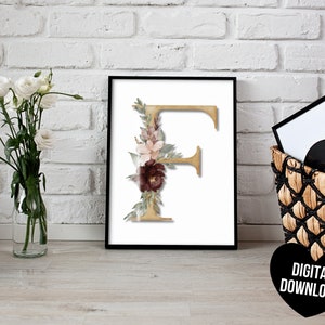 Letter Art Print, PRINTABLE Letter F Wall Art, Initial Wall Art, Floral ...