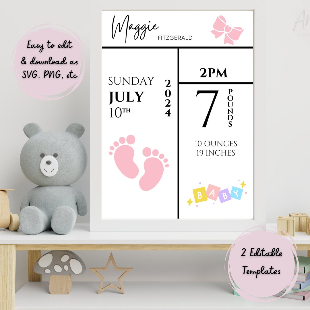 Baby Birth Announcement Template, Birth Stats File, Easy to Edit and ...