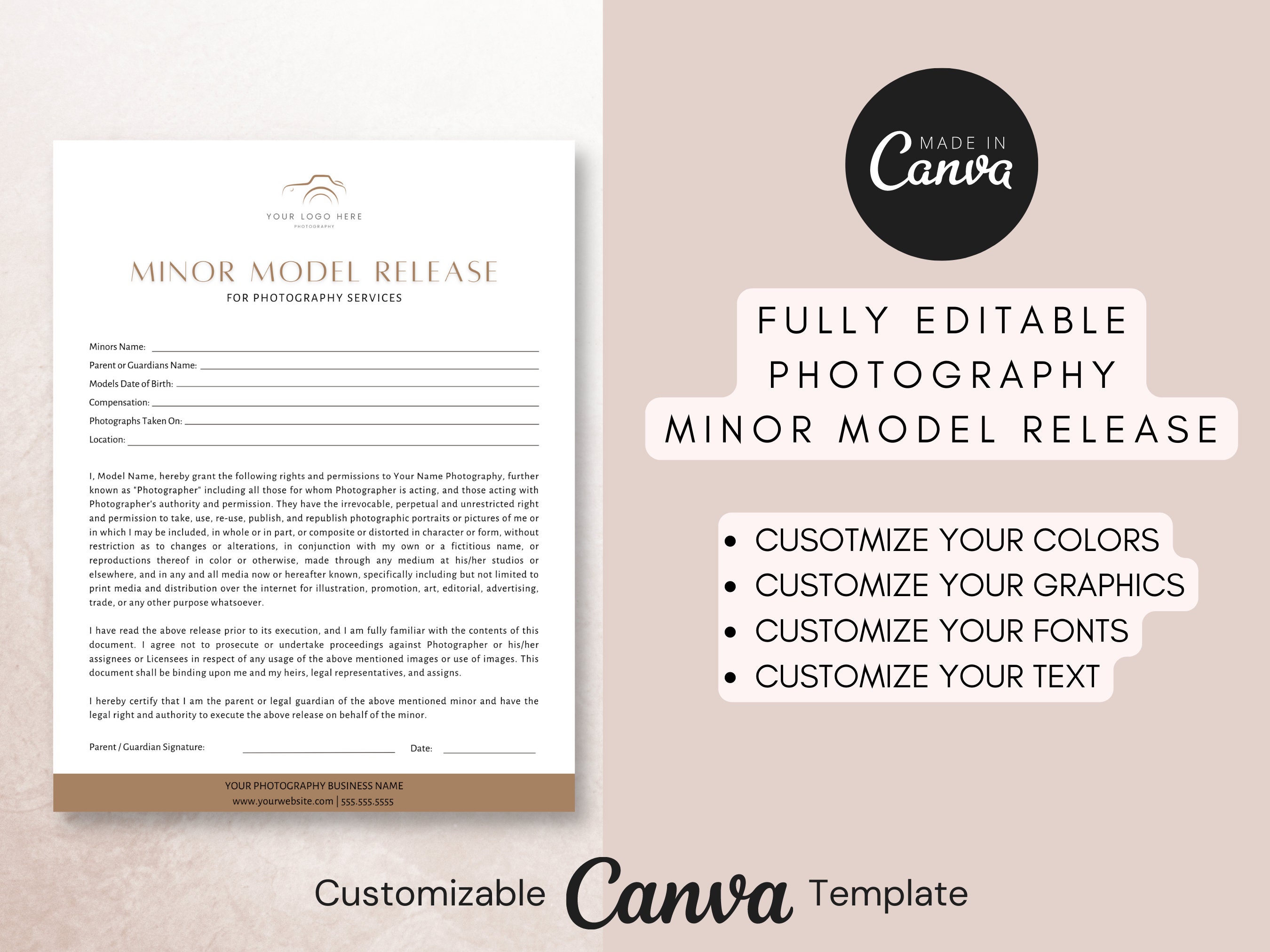 Model Release Form for Photography, Minor Model Release Form Editable ...