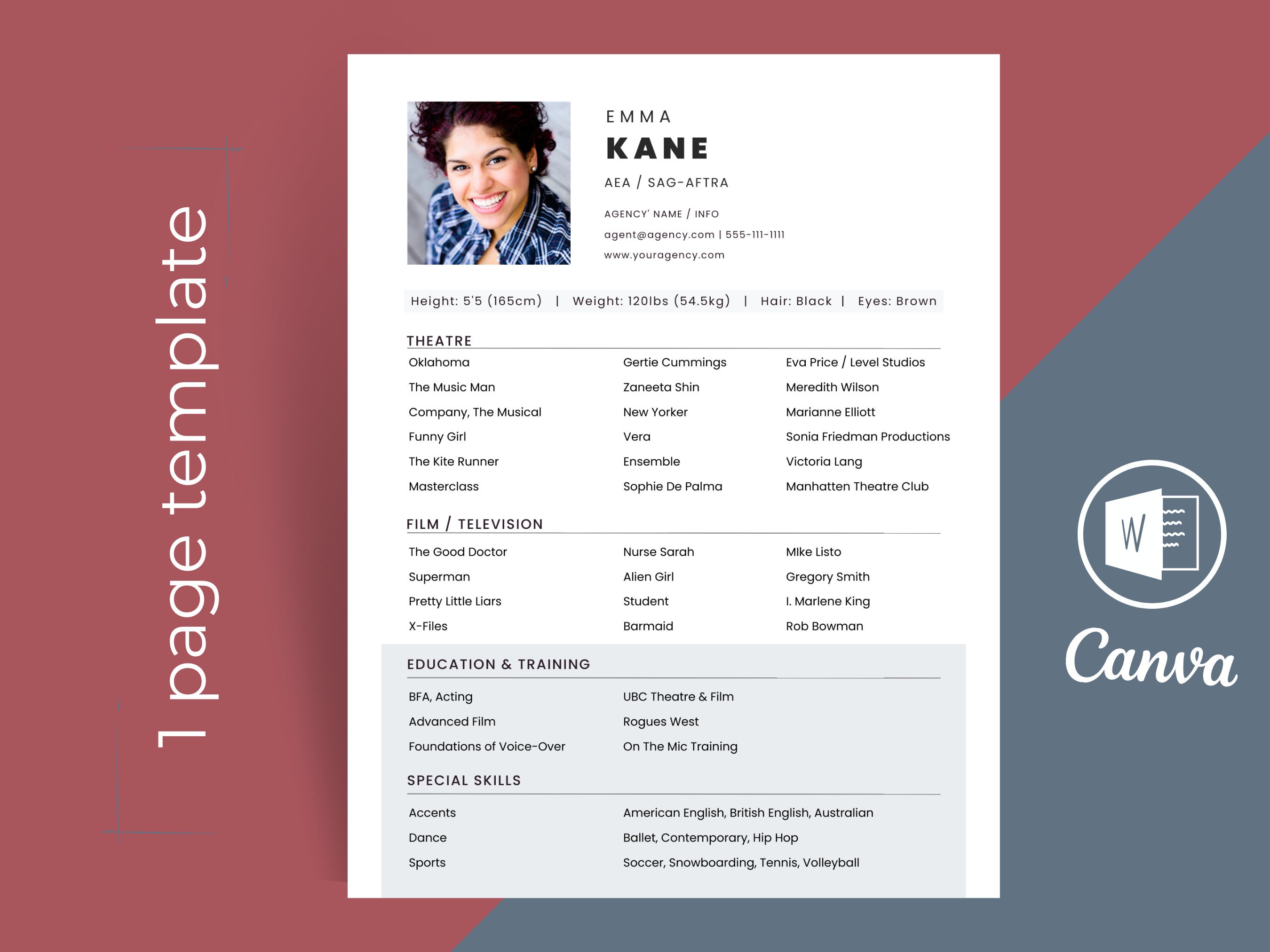 Theatre Resume Template, Acting Resume With Headshot Template, Edit in ...