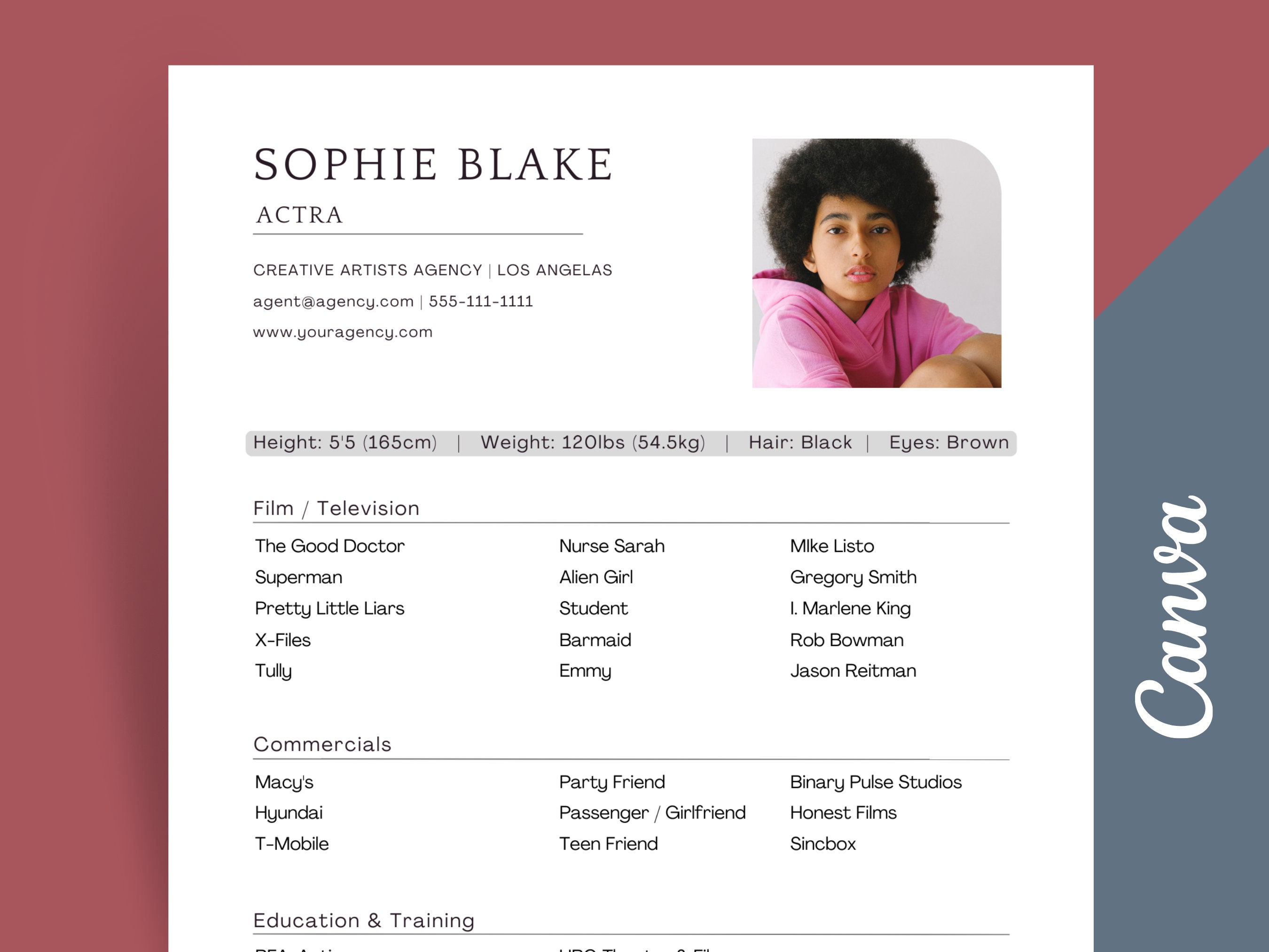 Actor Resume Template CANVA | Acting Resume With Headshot Template ...