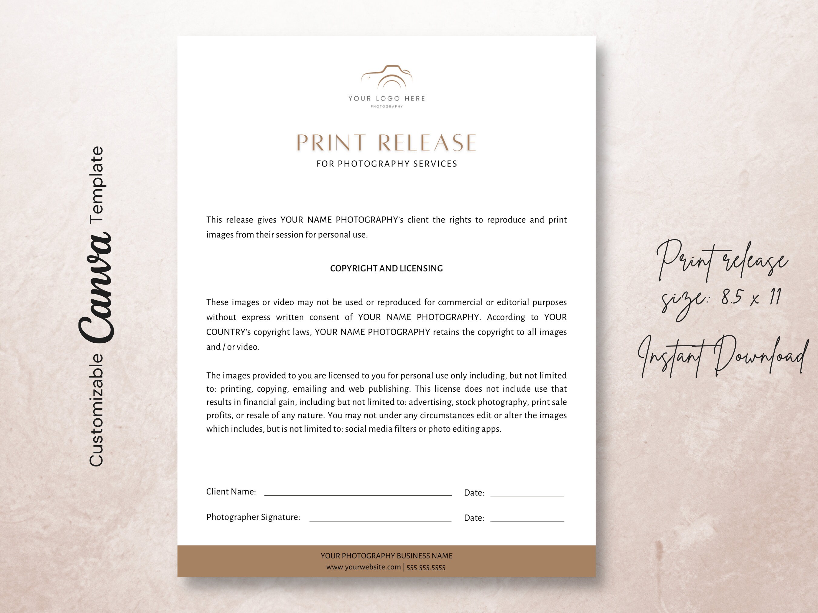 Print Release Form for Photography, Photo Release Form Editable in ...
