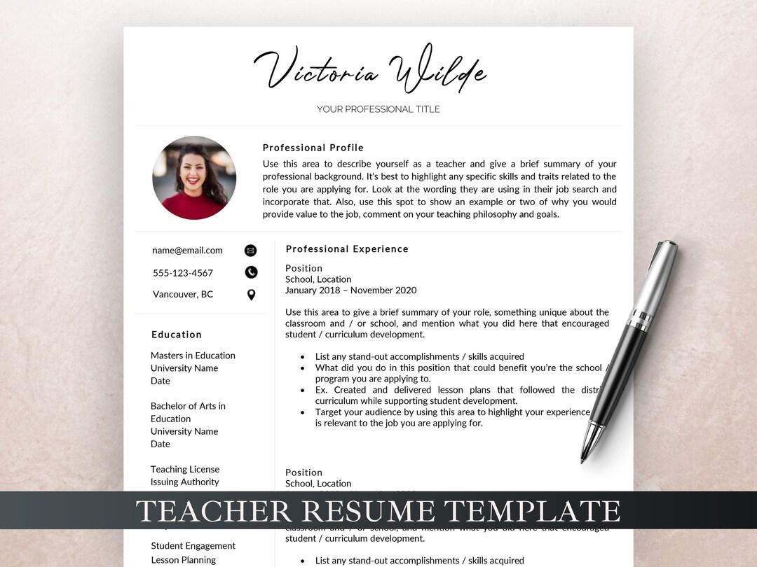 Teacher Resume Template With Photo, Teacher CV Template, Elementary ...