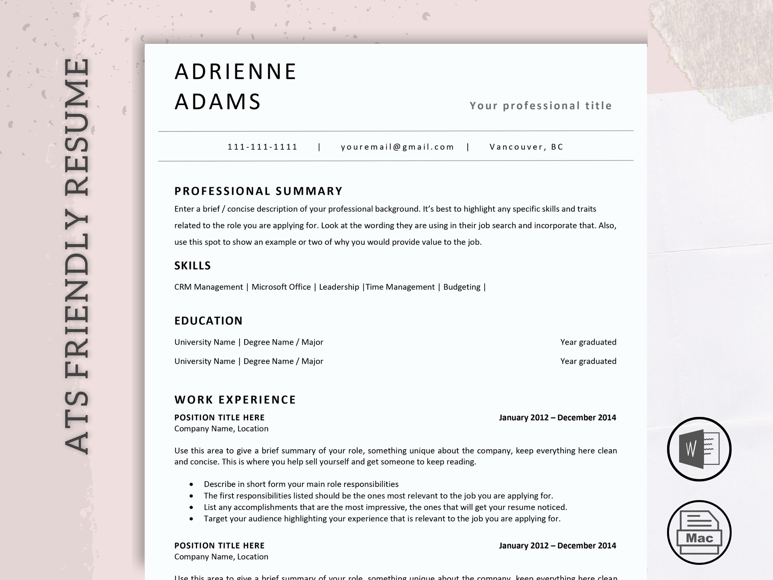 ATS Resume Template for Word and Pages, Applicant Tracking System ...