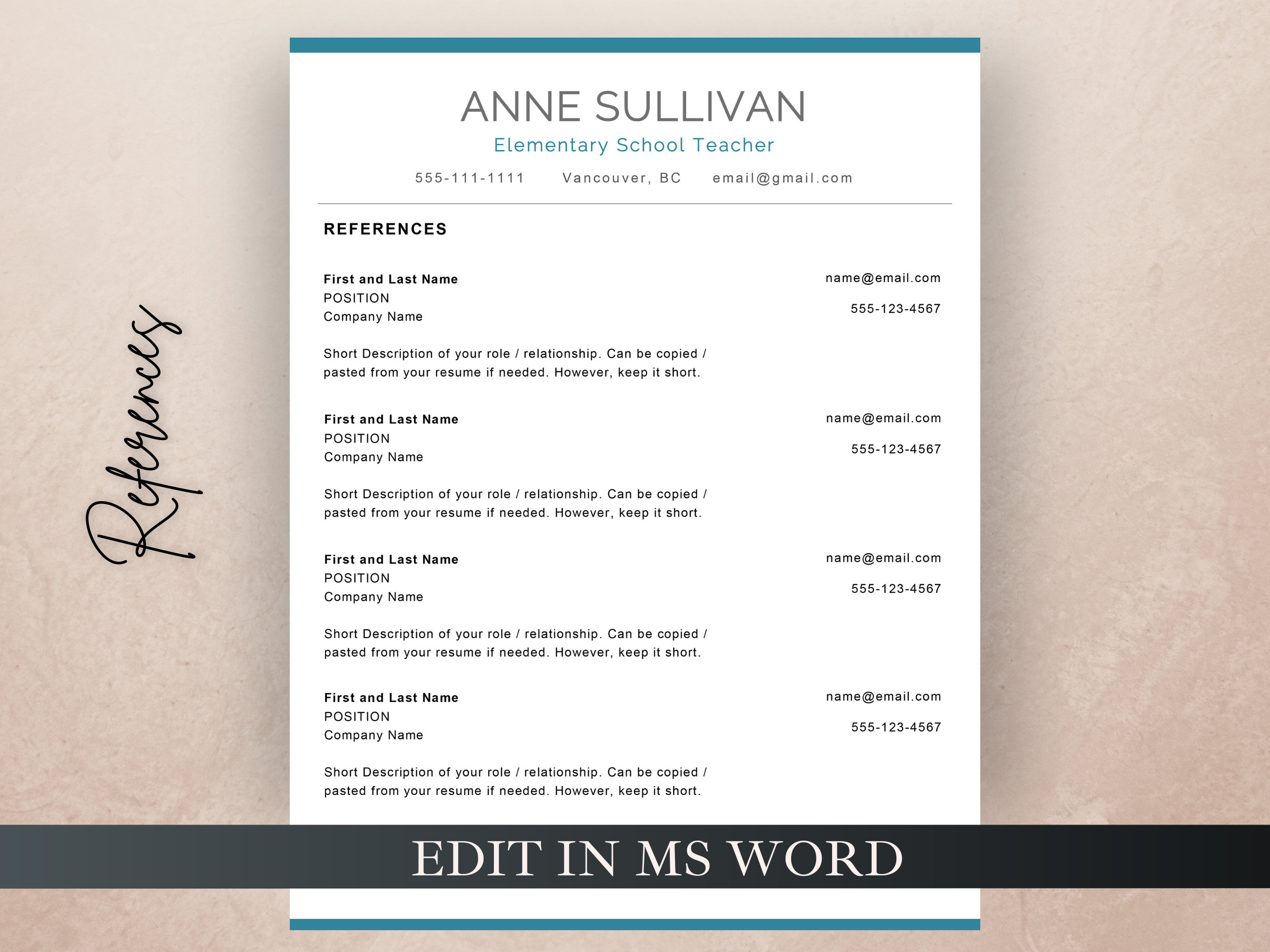 Teacher Resume Template for Word, Teacher CV Template, Elementary ...