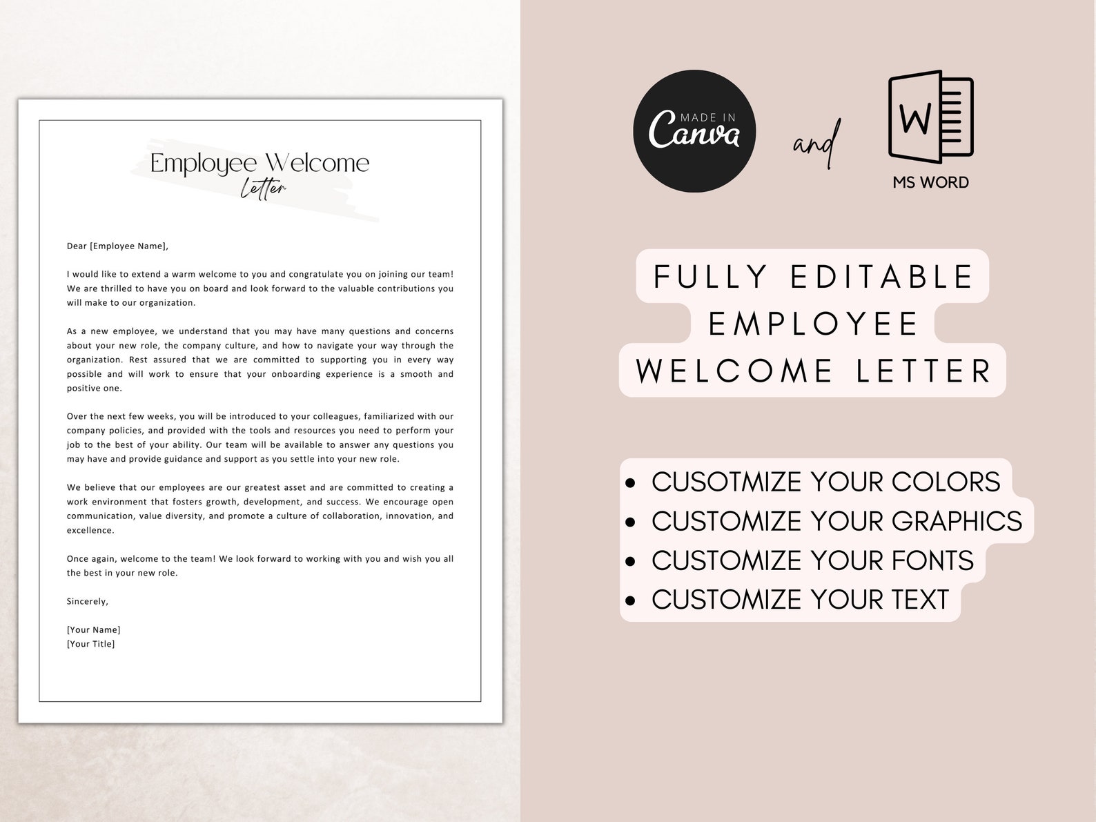 New Employee Welcome Letter Editable in Canva or Microsoft Word, New ...