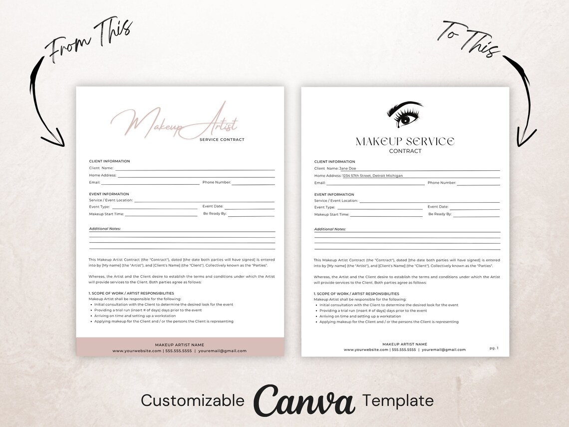 Makeup Artist Contract Template, Edit in Canva, Wedding Makeup ...