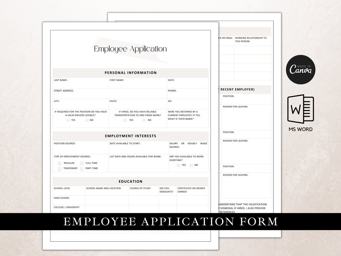 Employment Application Form, Editable in CANVA and MS Word, Forms for ...