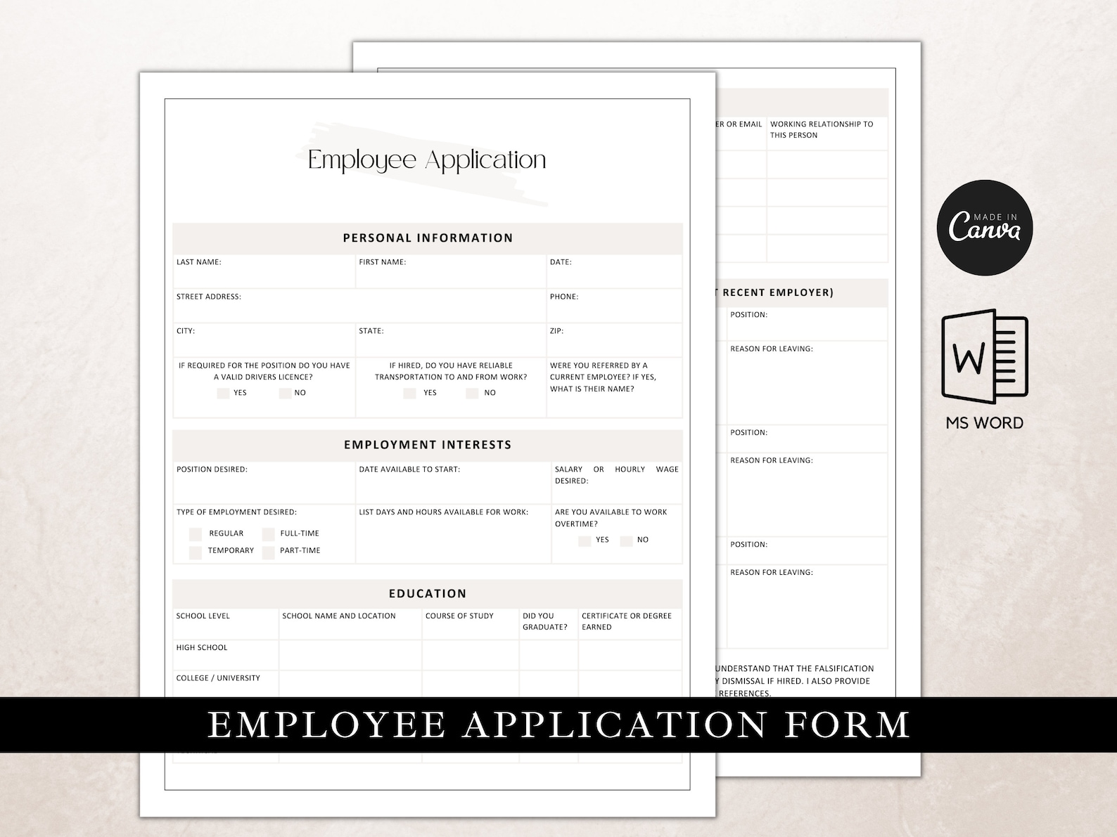 Employment Application Form, Editable in CANVA and MS Word, Forms for ...