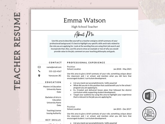 Teacher Resume Template for Word & Pages Teacher CV - Etsy