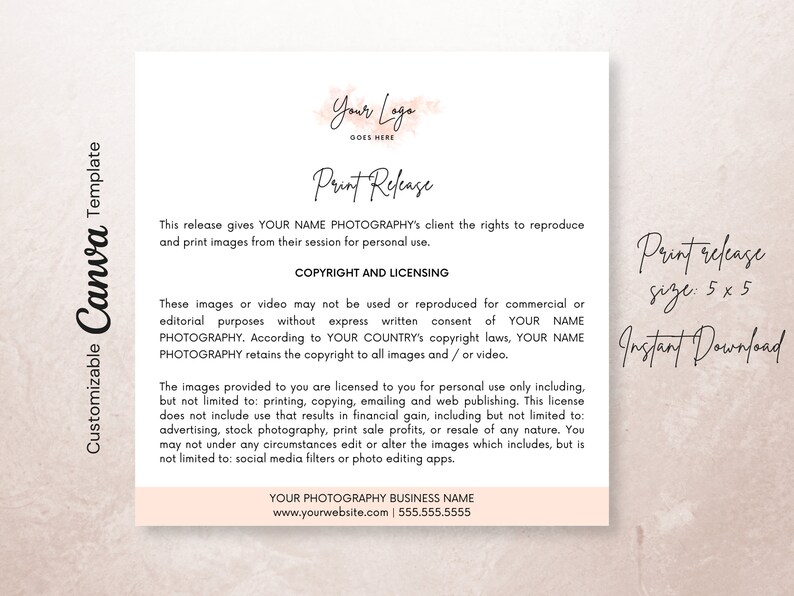 Print Release Form for Photography Photo Release Form - Etsy