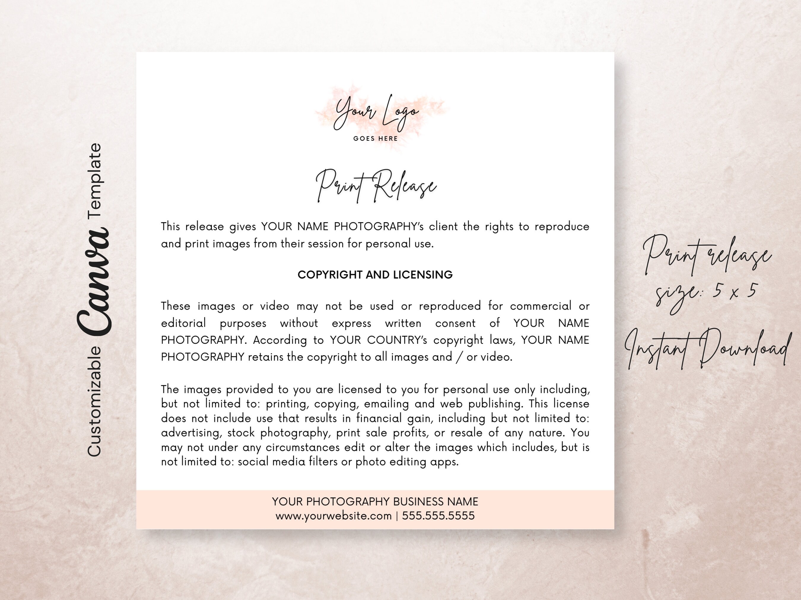 Print Release Form for Photography, Photo Release Form Editable in ...