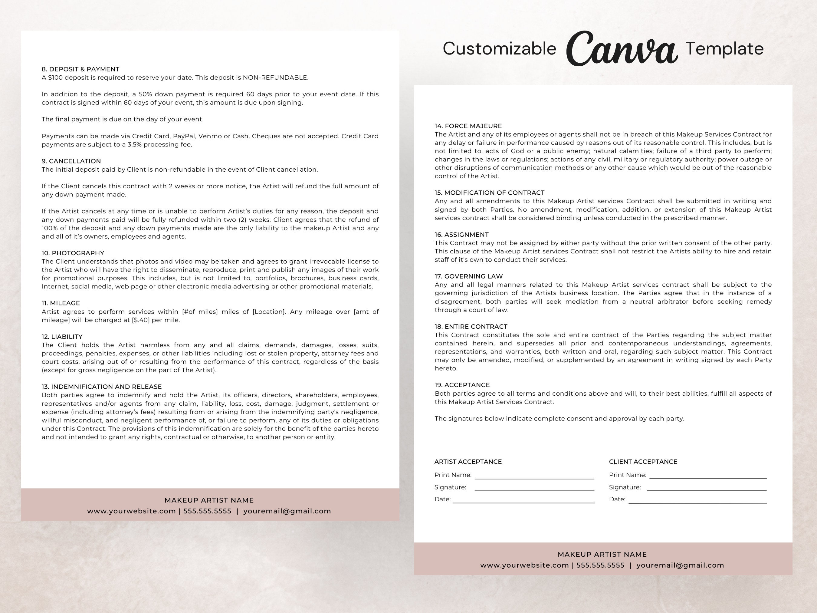 Makeup Artist Contract Template, Edit in Canva, Wedding Makeup ...
