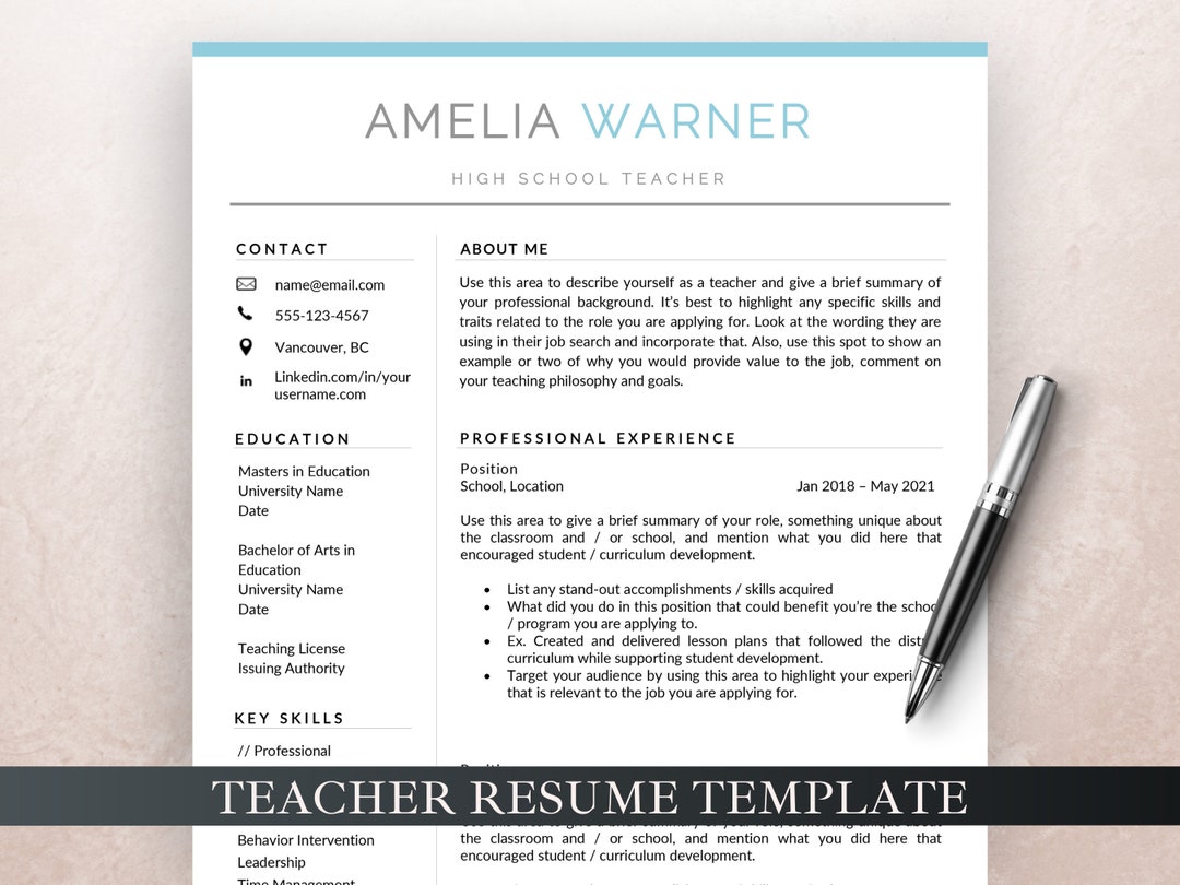 Teacher Resume Template for Word & Pages, Teacher CV Template ...