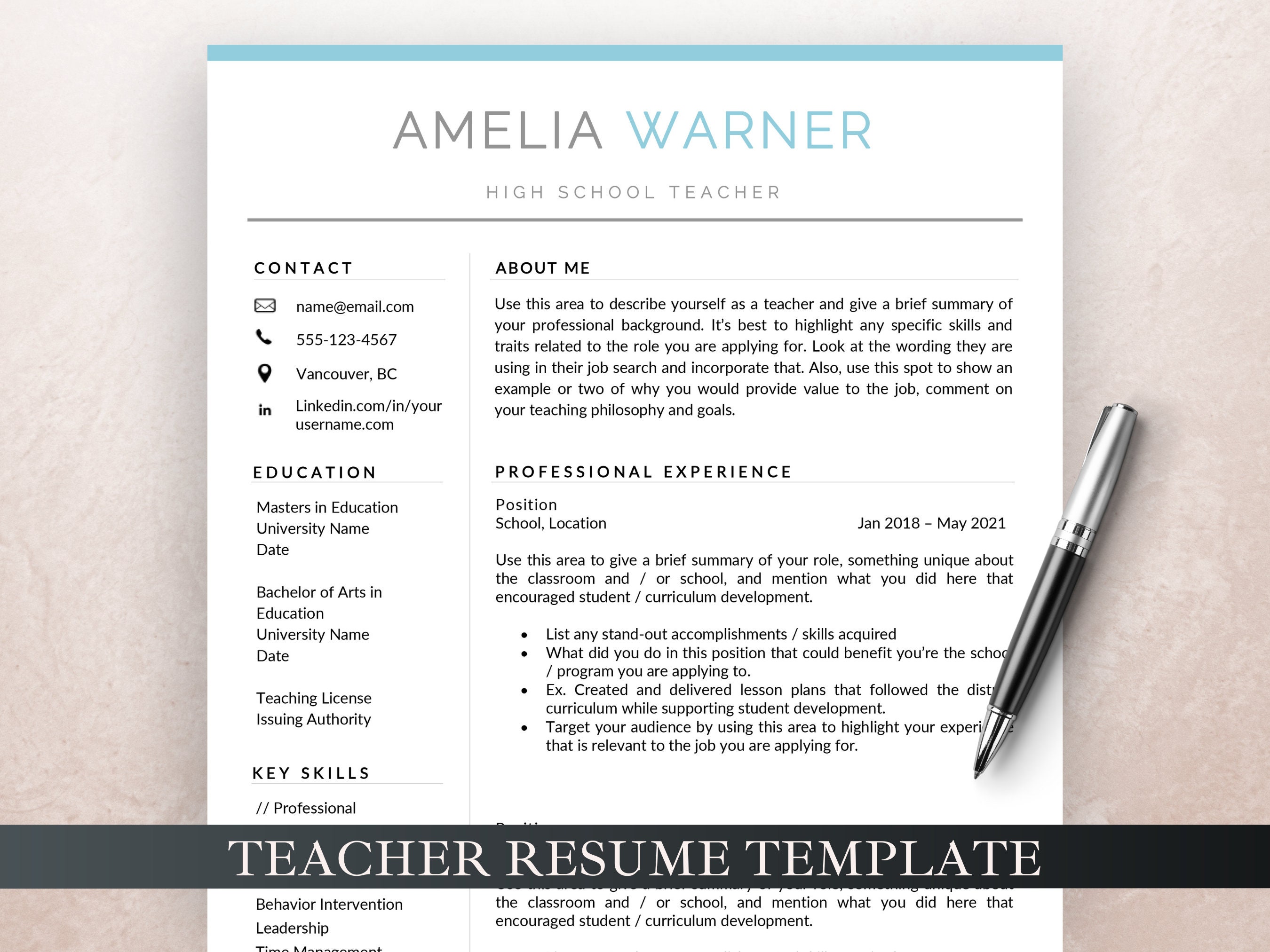 Teacher Resume Template for Word & Pages, Teacher CV Template ...