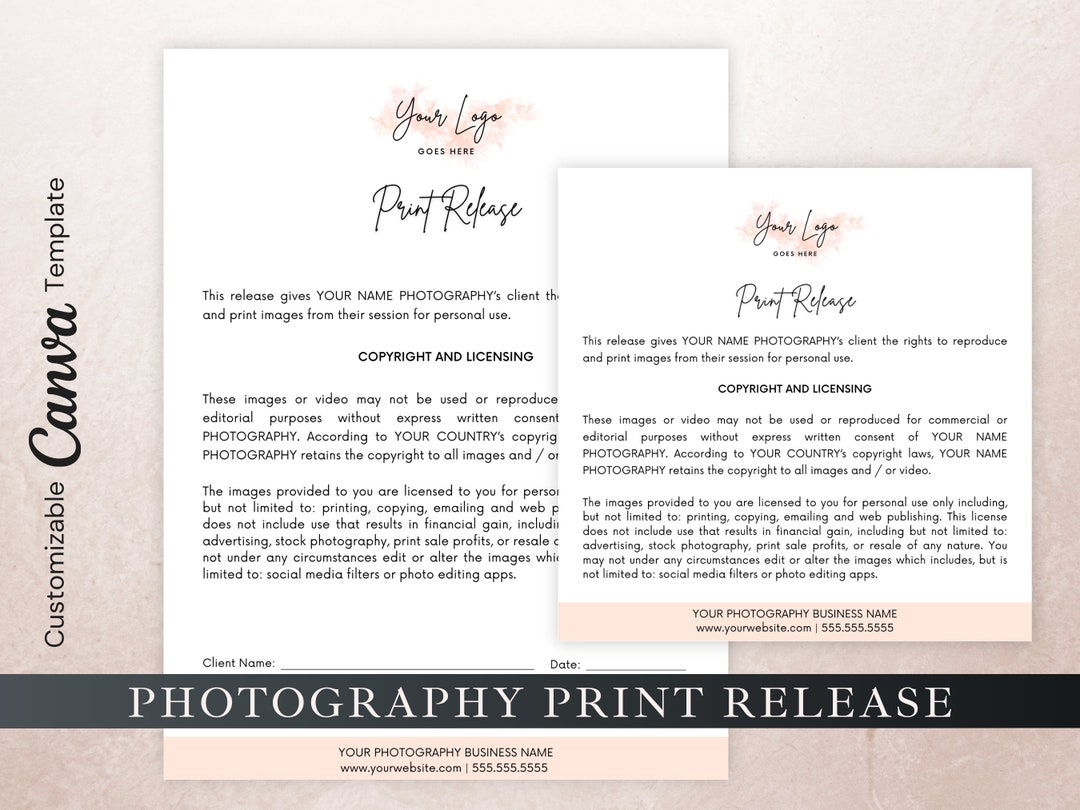 Print Release Form for Photography, Photo Release Form Editable in ...