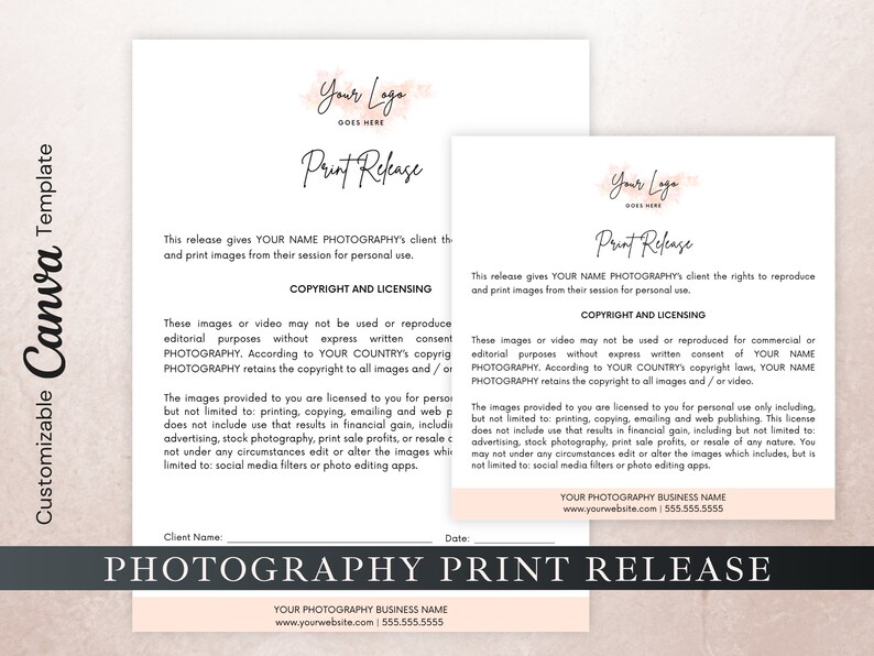 Print Release Form for Photography, Photo Release Form Editable in CANVA, Photography Marketing ...