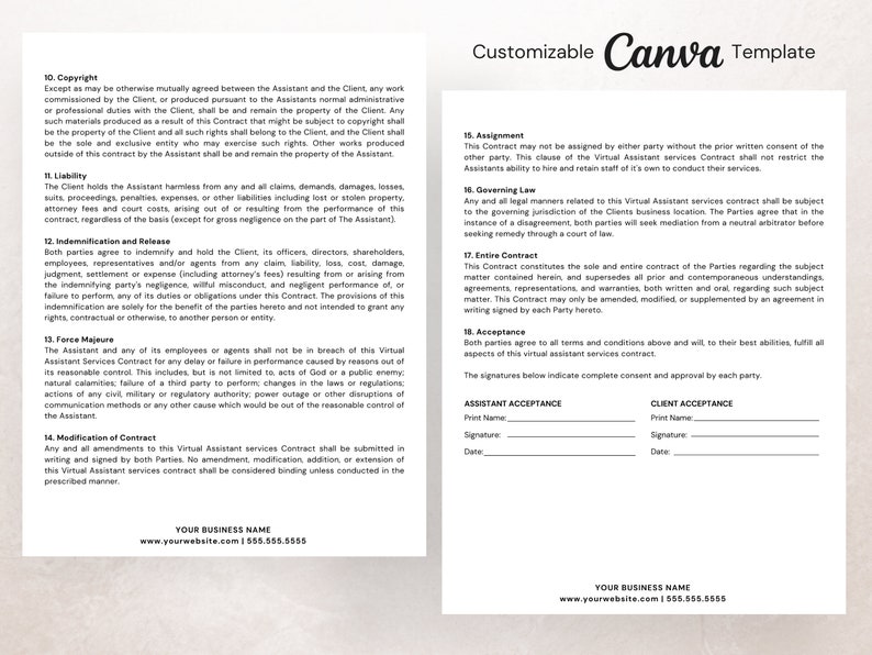 Virtual Assistant Contract Template, Client Agreement, Service Contract ...