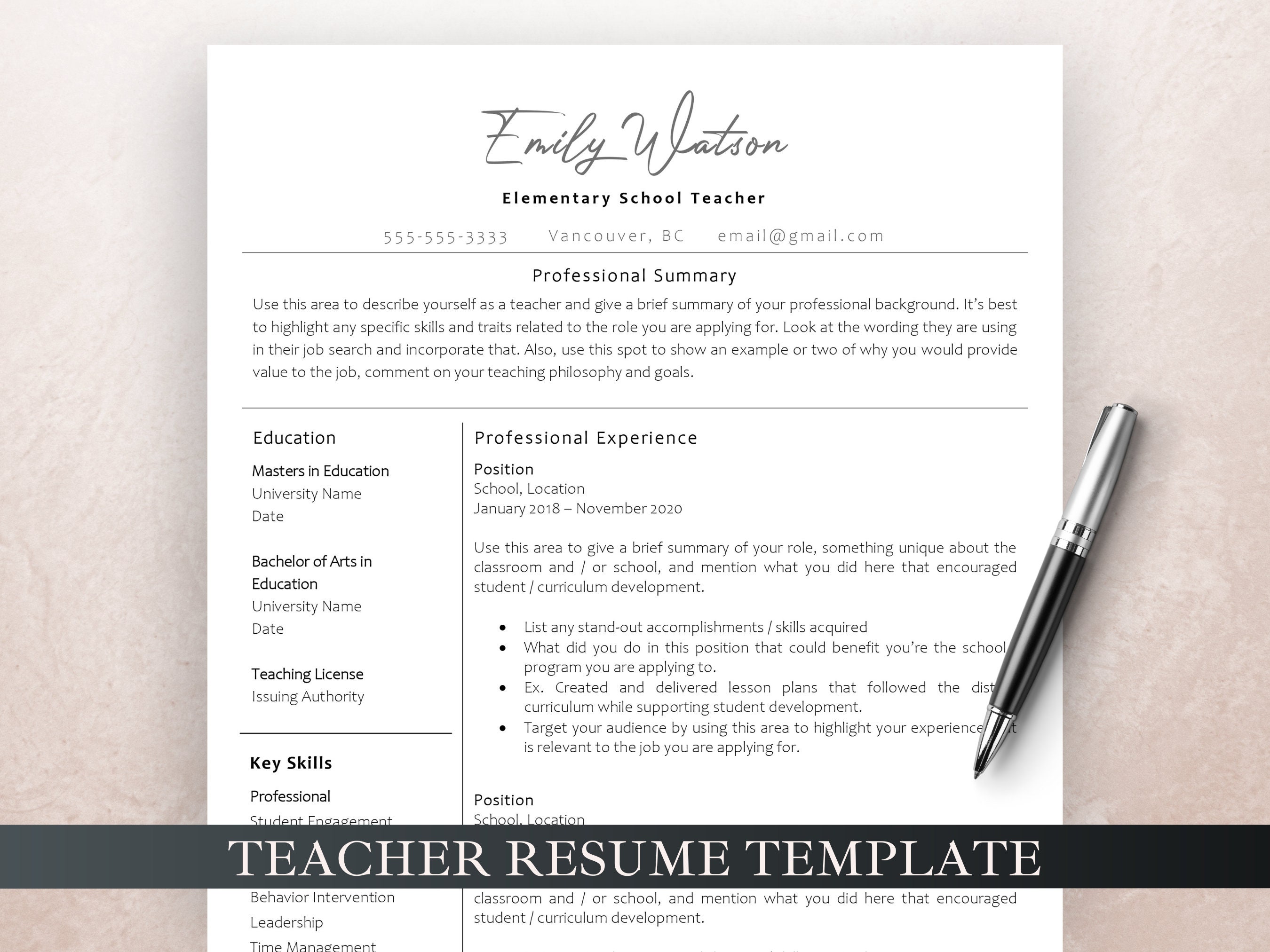 Teacher Resume Template for Word & Pages, Teacher CV Template ...