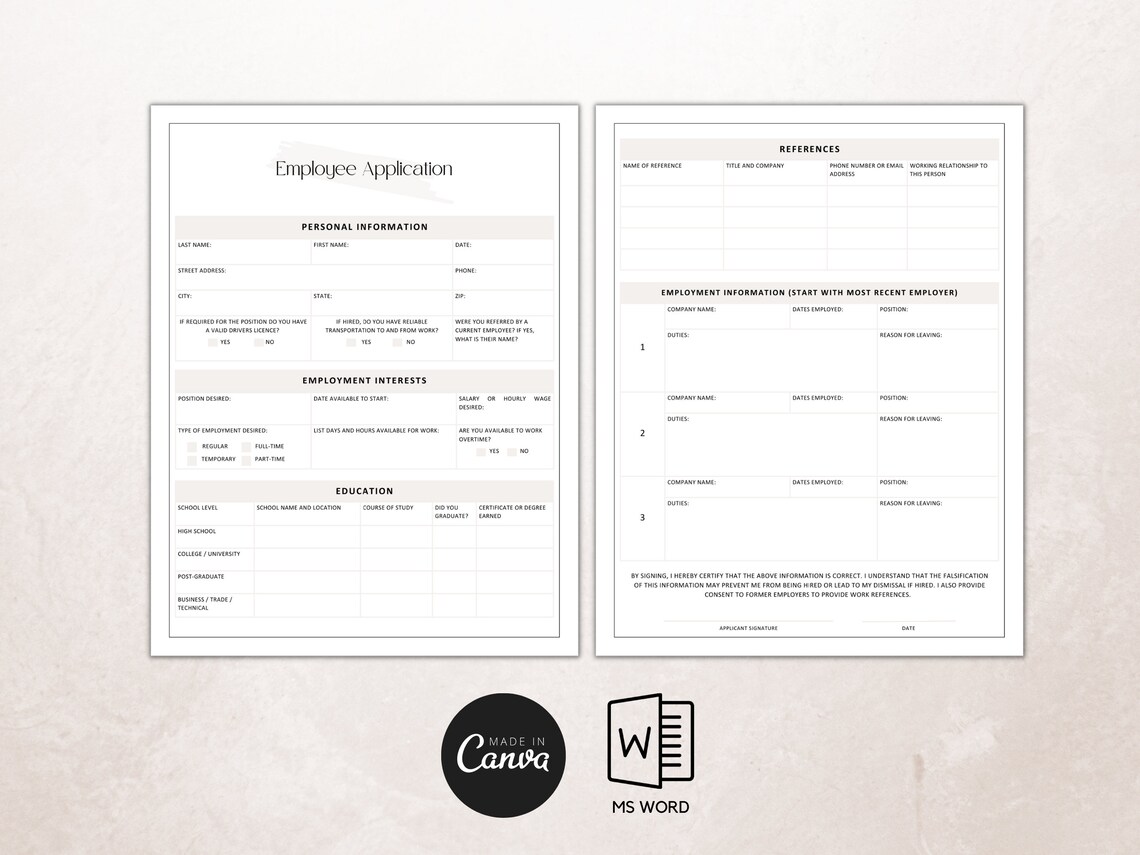 Employment Application Form, Editable in CANVA and MS Word, Forms for ...
