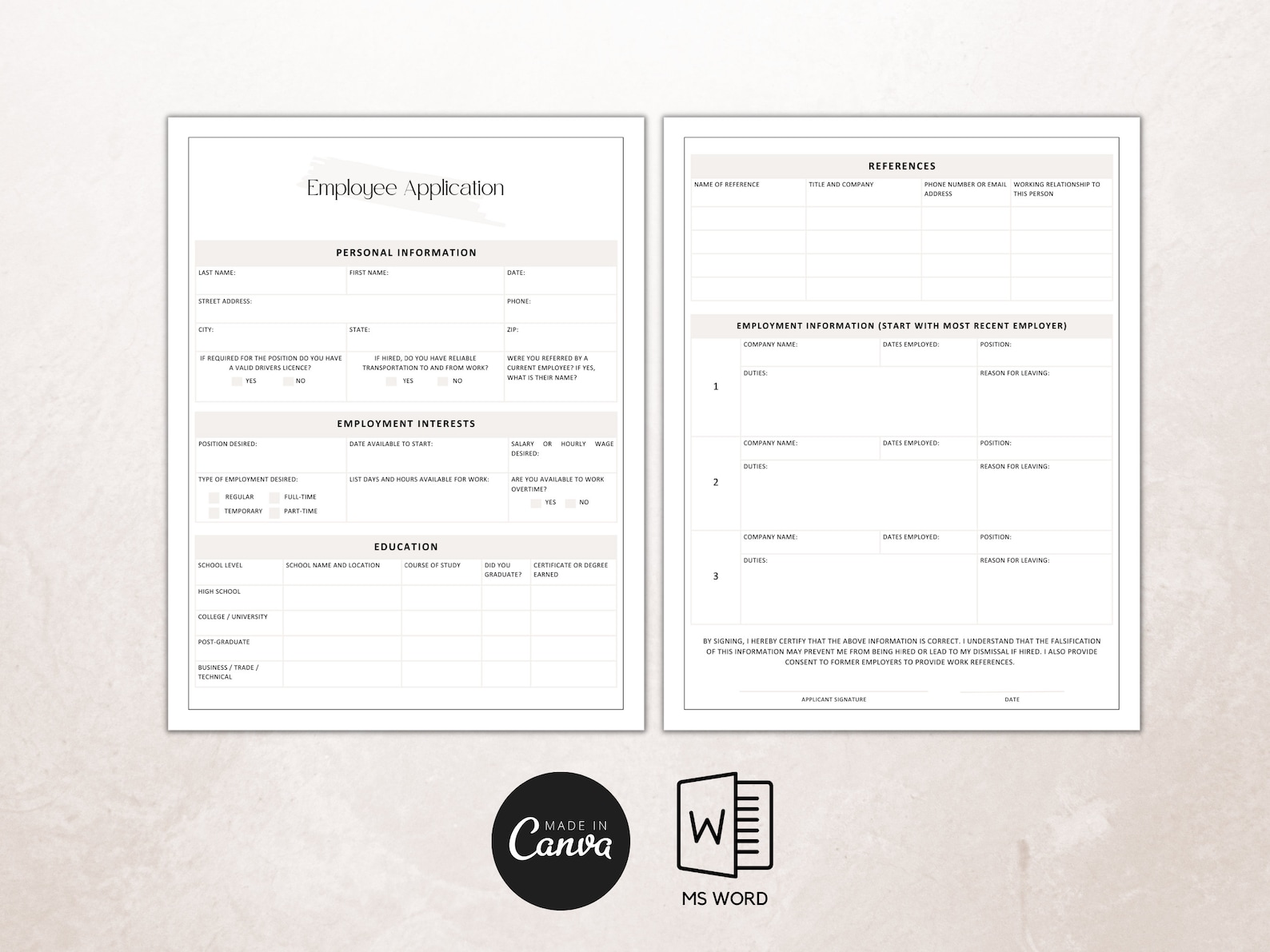 Employment Application Form, Editable in CANVA and MS Word, Forms for ...