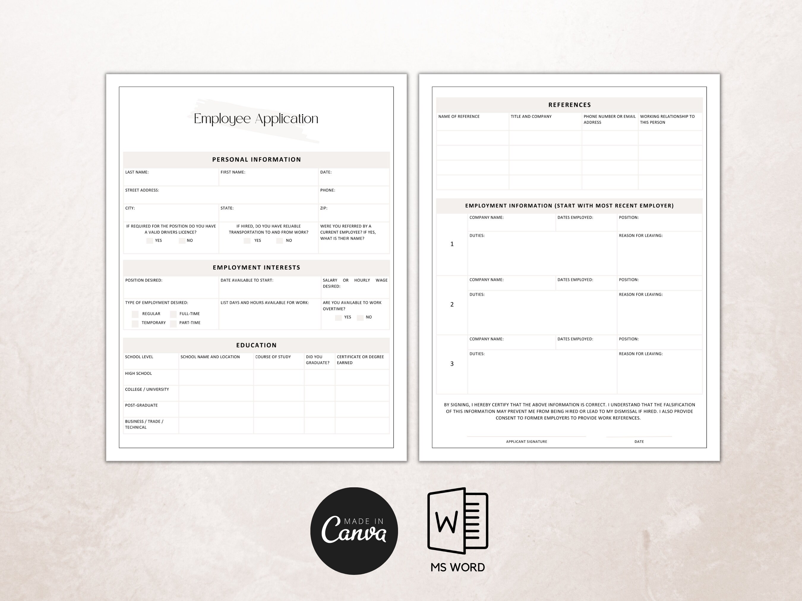 Employment Application Form, Editable in CANVA and MS Word, Forms for ...