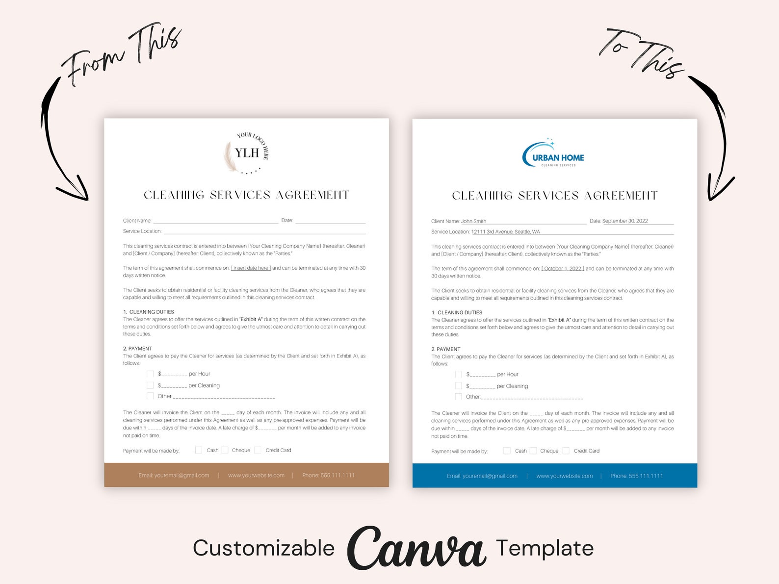 Cleaning Service Contract Template, Editable in Canva, Cleaning Agreement, Residential and ...