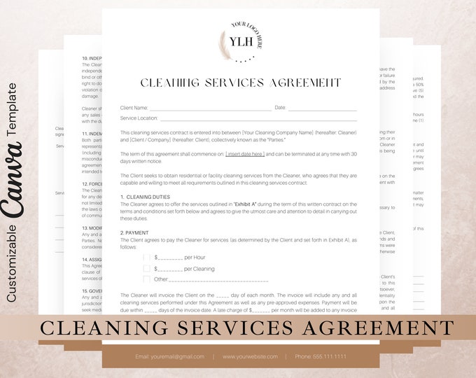 Cleaning Service Contract Template, Editable in Canva, Cleaning Agreement, Residential and ...