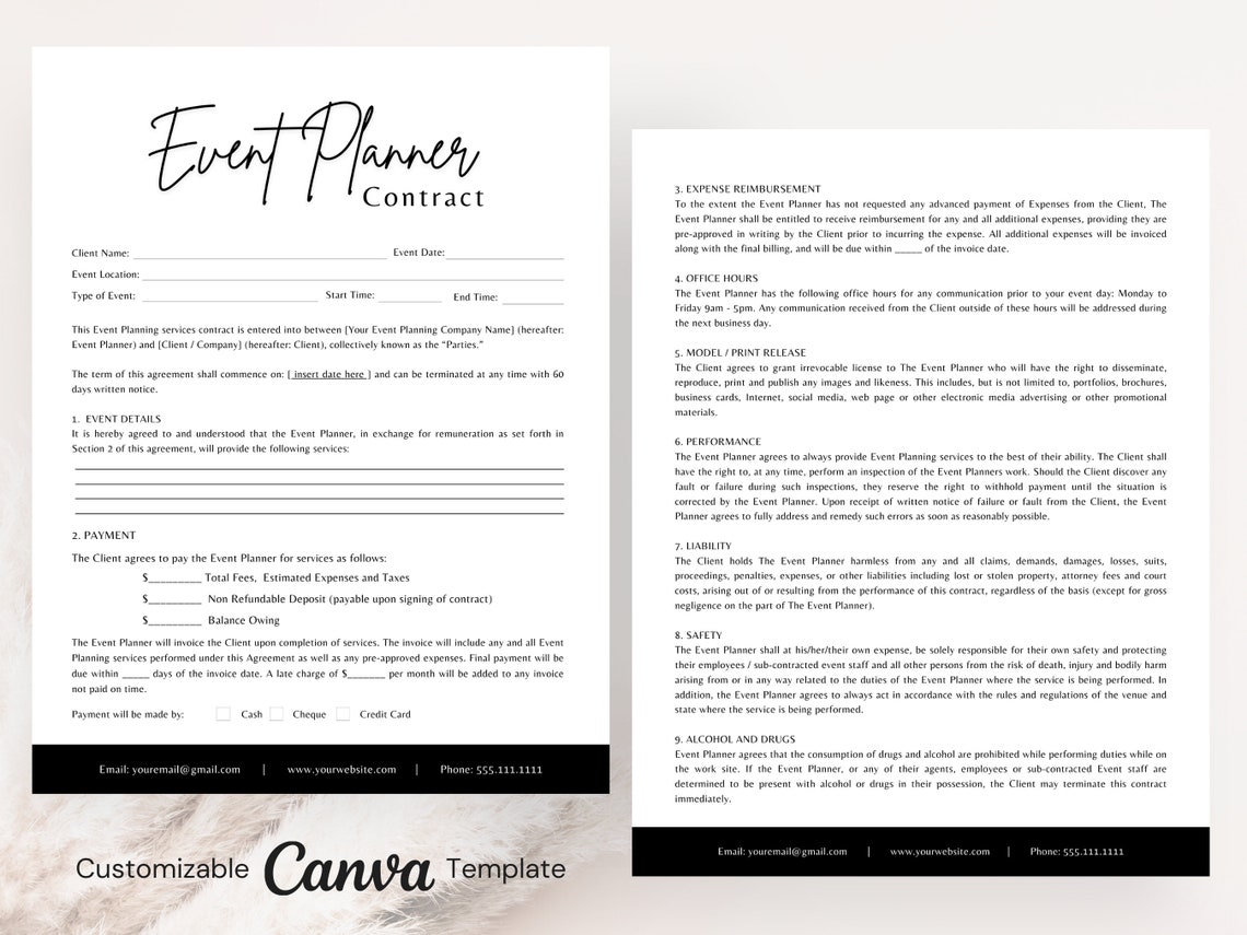 Event Planner Contract Template Edit in Canva Event Planner - Etsy