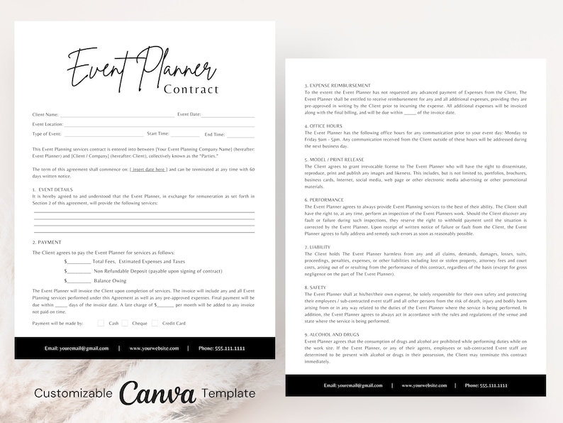 Event Planner Contract Template Edit In Canva Event Planner Etsy