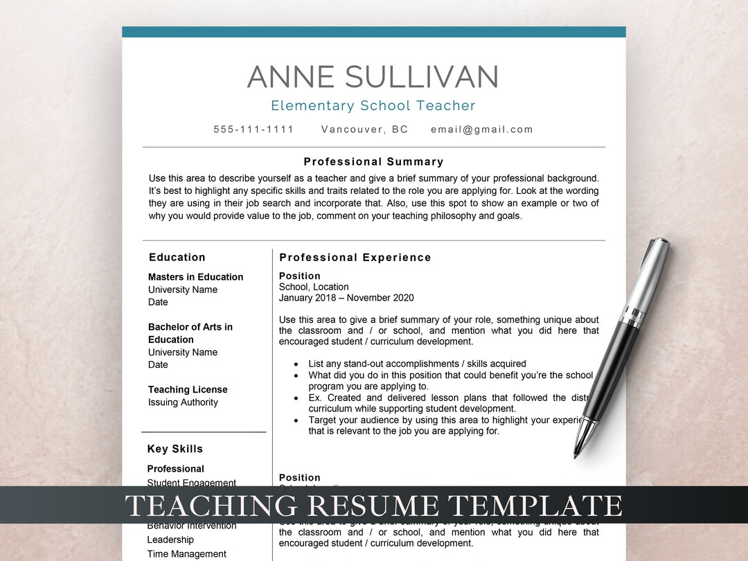 Teacher Resume Template for Word, Teacher CV Template, Elementary ...