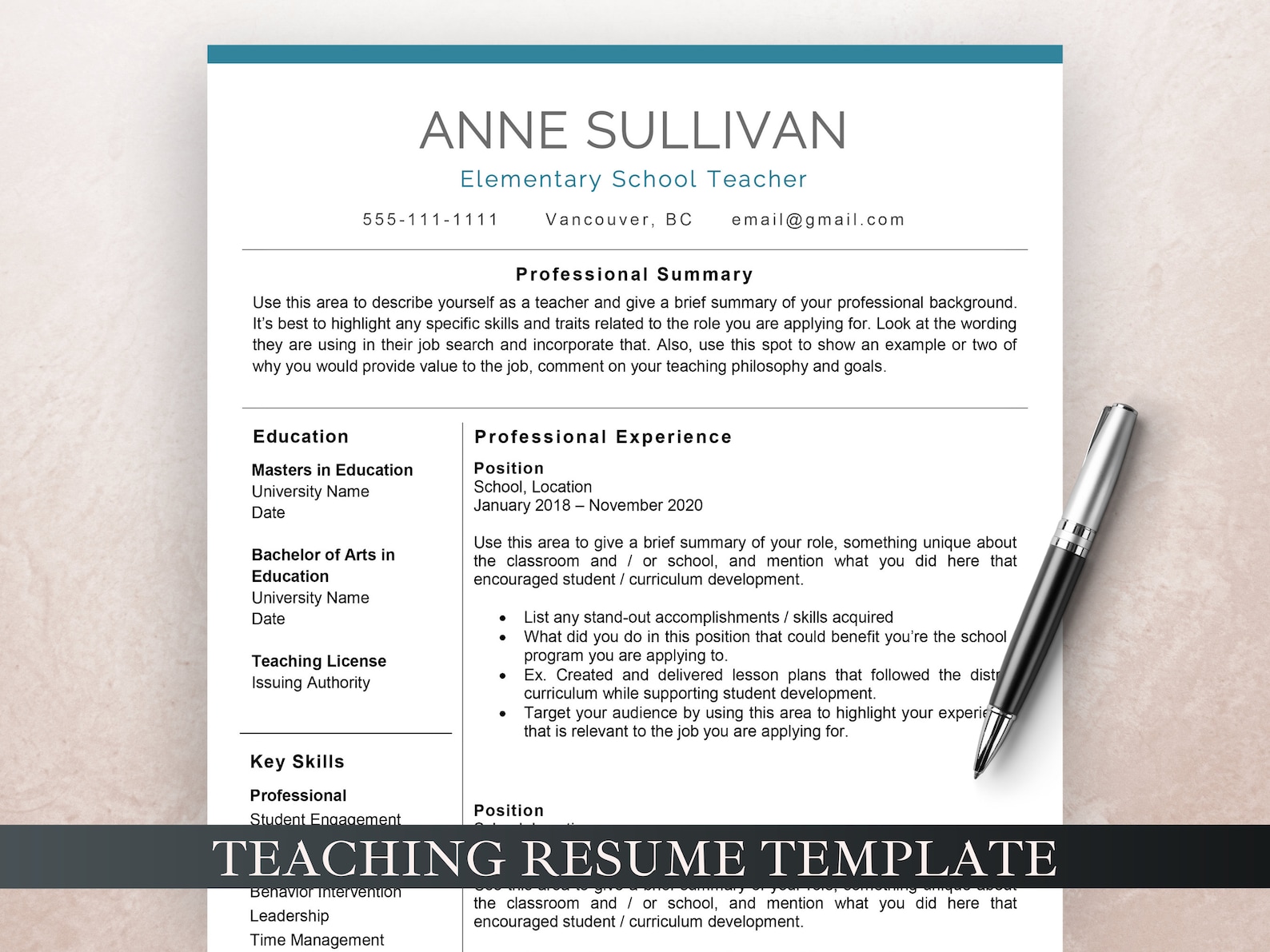Teacher Resume Template for Word, Teacher CV Template, Elementary ...