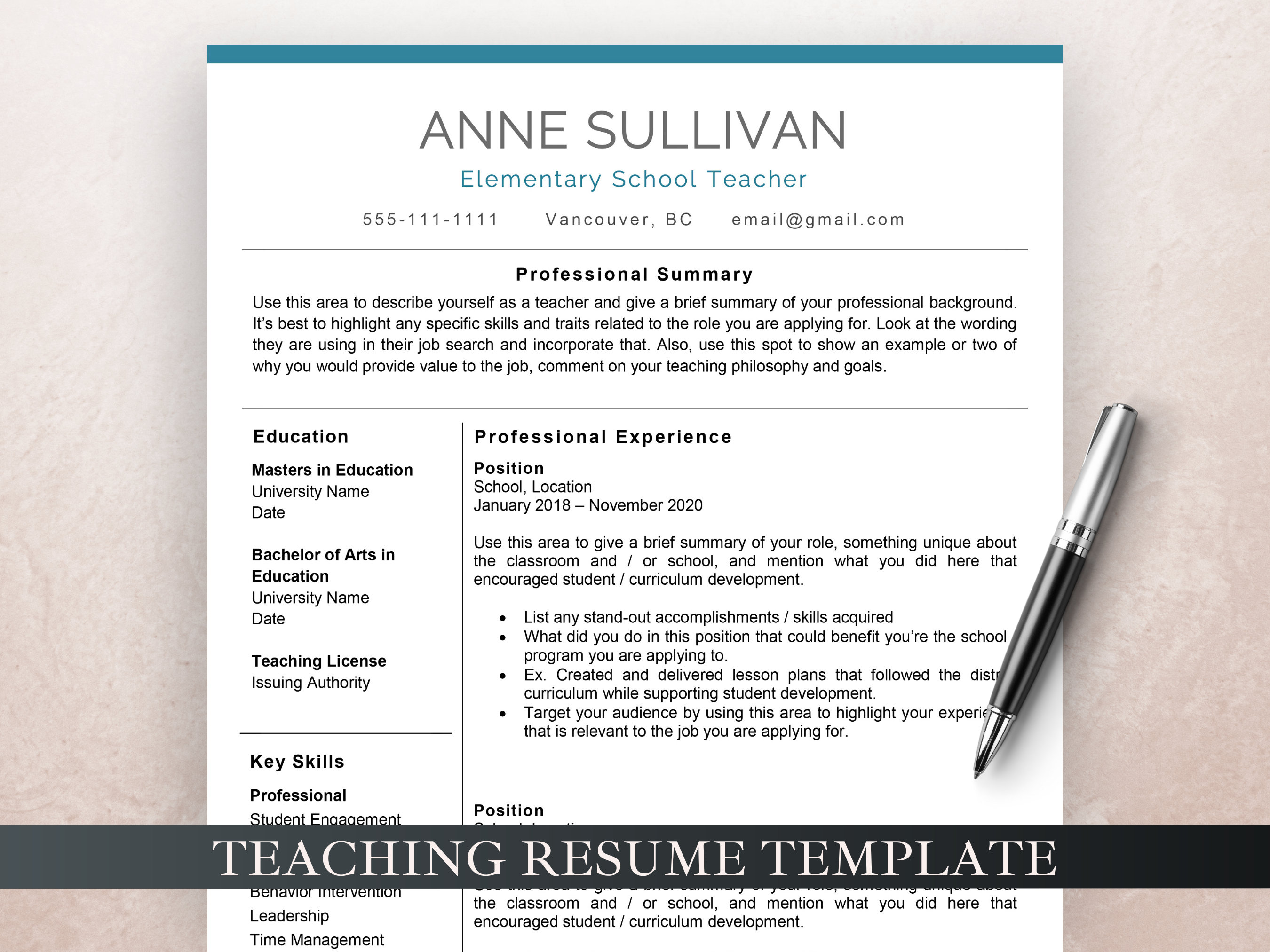 Teacher Resume Template for Word, Teacher CV Template, Elementary ...