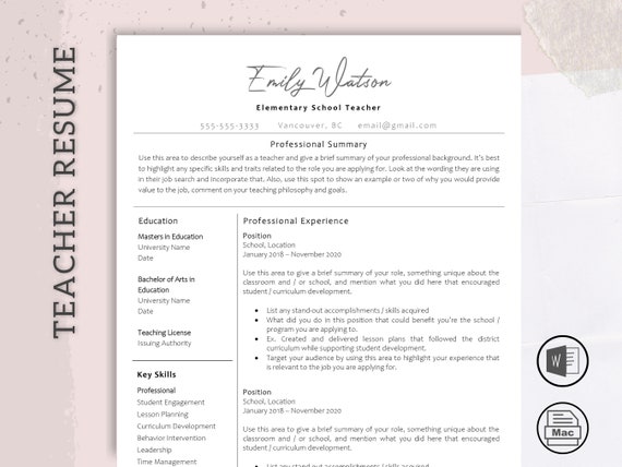 Teacher Resume Template for Word & Pages Teacher CV Template - Etsy