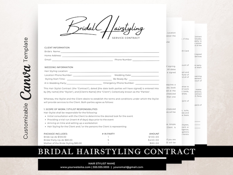 Bridal Hairstylist Contract Template, Editable in Canva, Bridal ...
