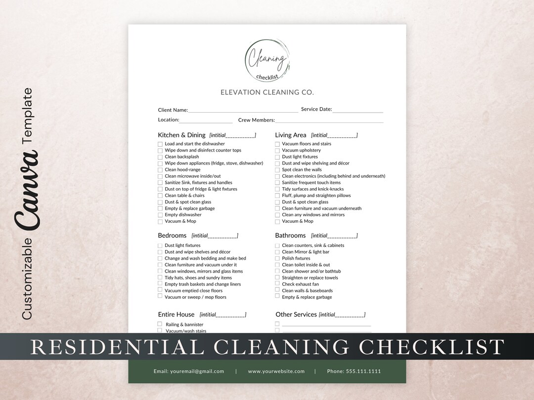 Professional Residential Cleaning Checklist, Editable in CANVA ...